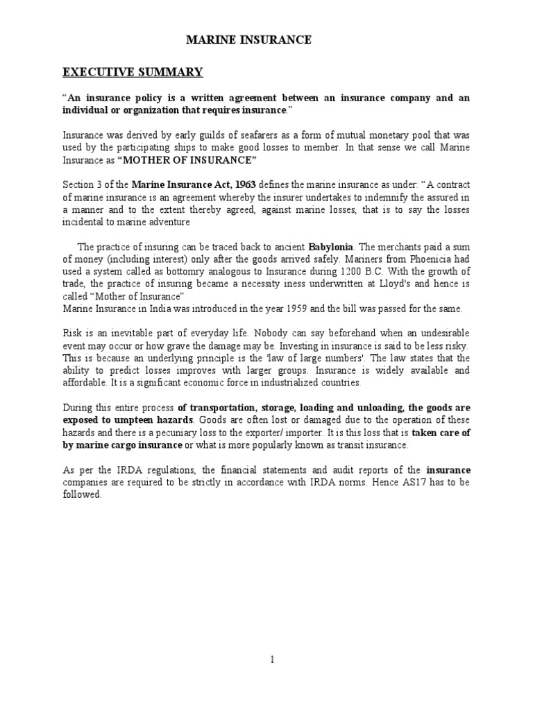 Marine Insurance Executive Summary: Individual or Organization That ...