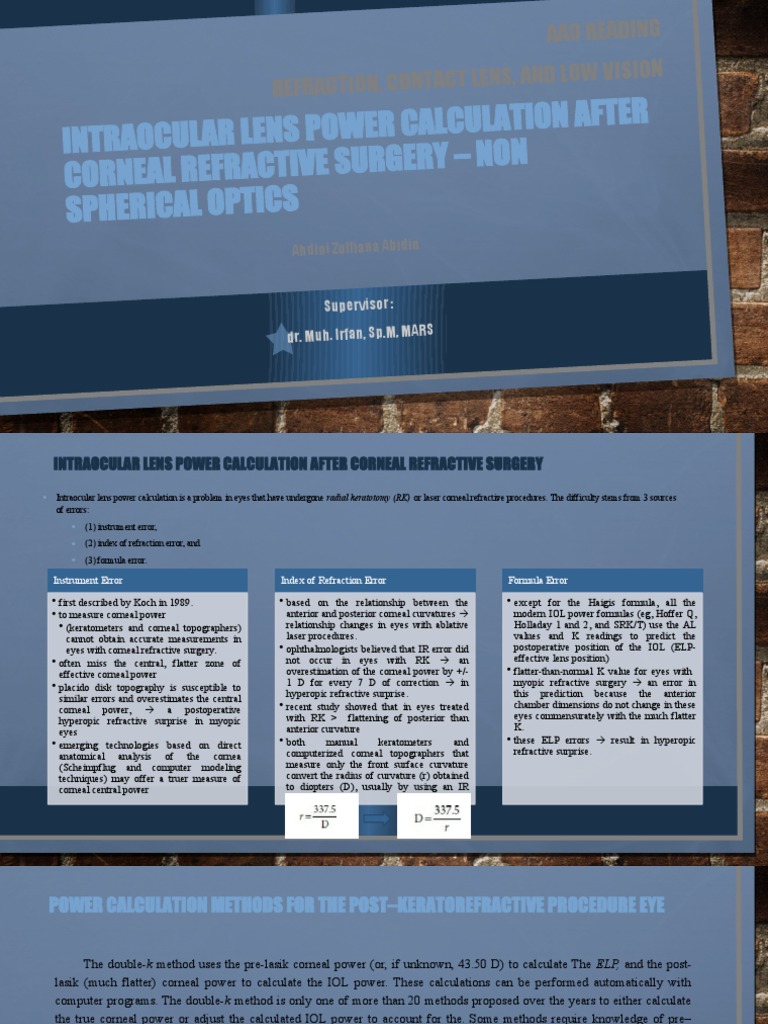 Intraocular Lens Power Calculation After Corneal Refractive Surgery | PDF | Cornea | Eye