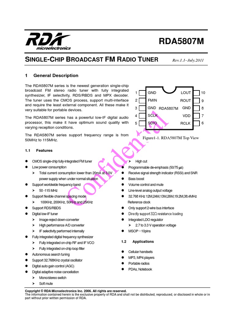 RDA5807M Datasheet v1.1 | PDF | Analog To Digital Converter | Frequency Modulation