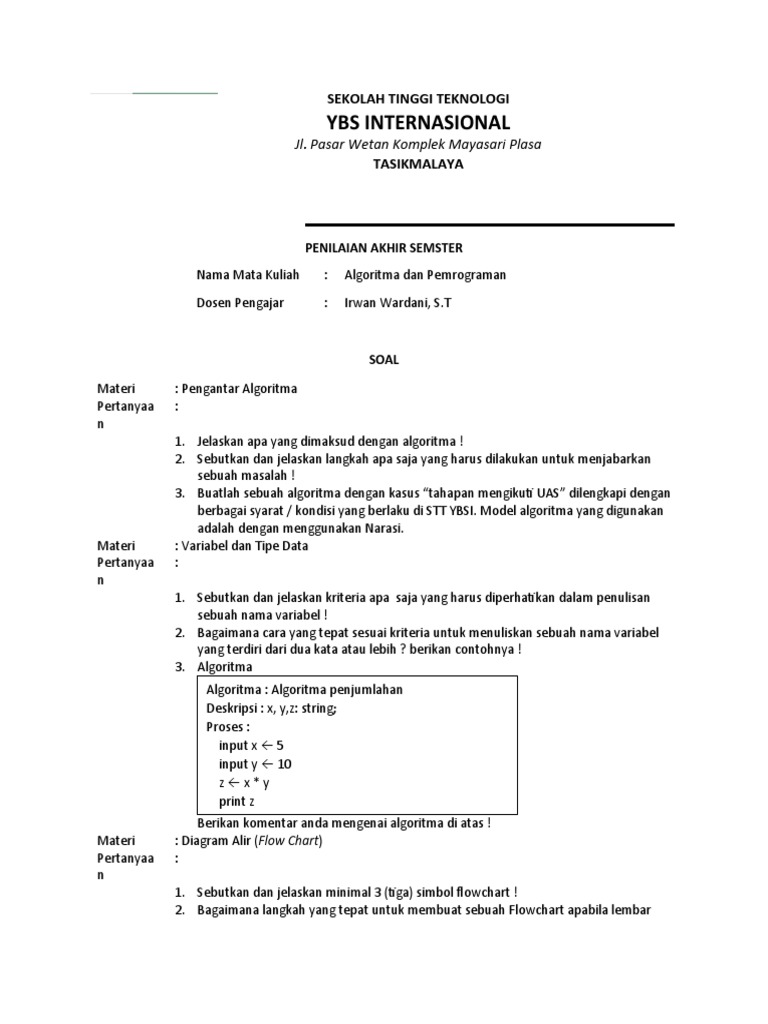Soal UAS Algoritma dan Pemrograman | PDF