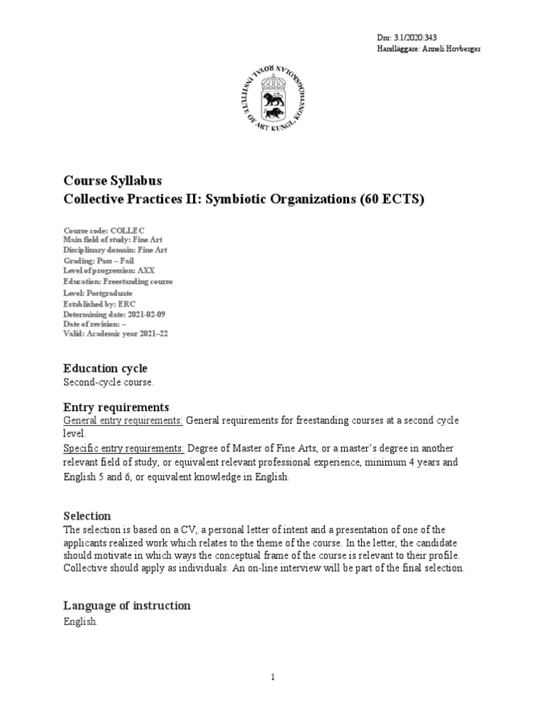 Course Syllabus Collective Practices II: Symbiotic Organizations (60 ECTS) | PDF | Master's ...