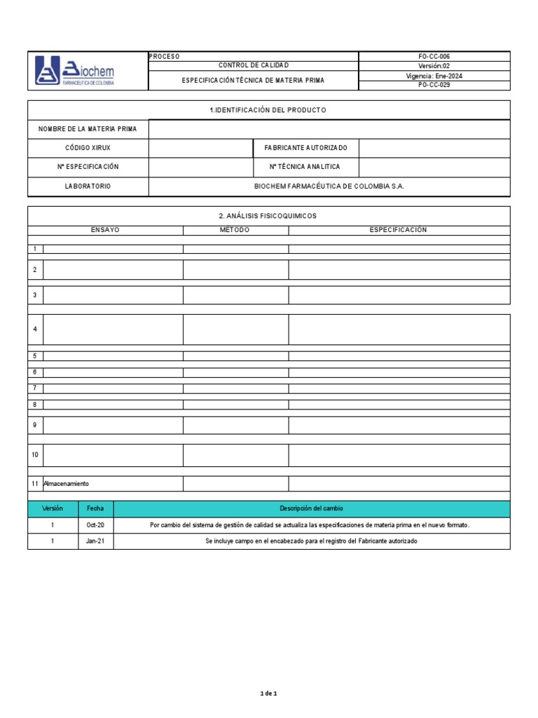 Etmp-Cc-220-Formato Especificacion Materia Prima V2 | PDF