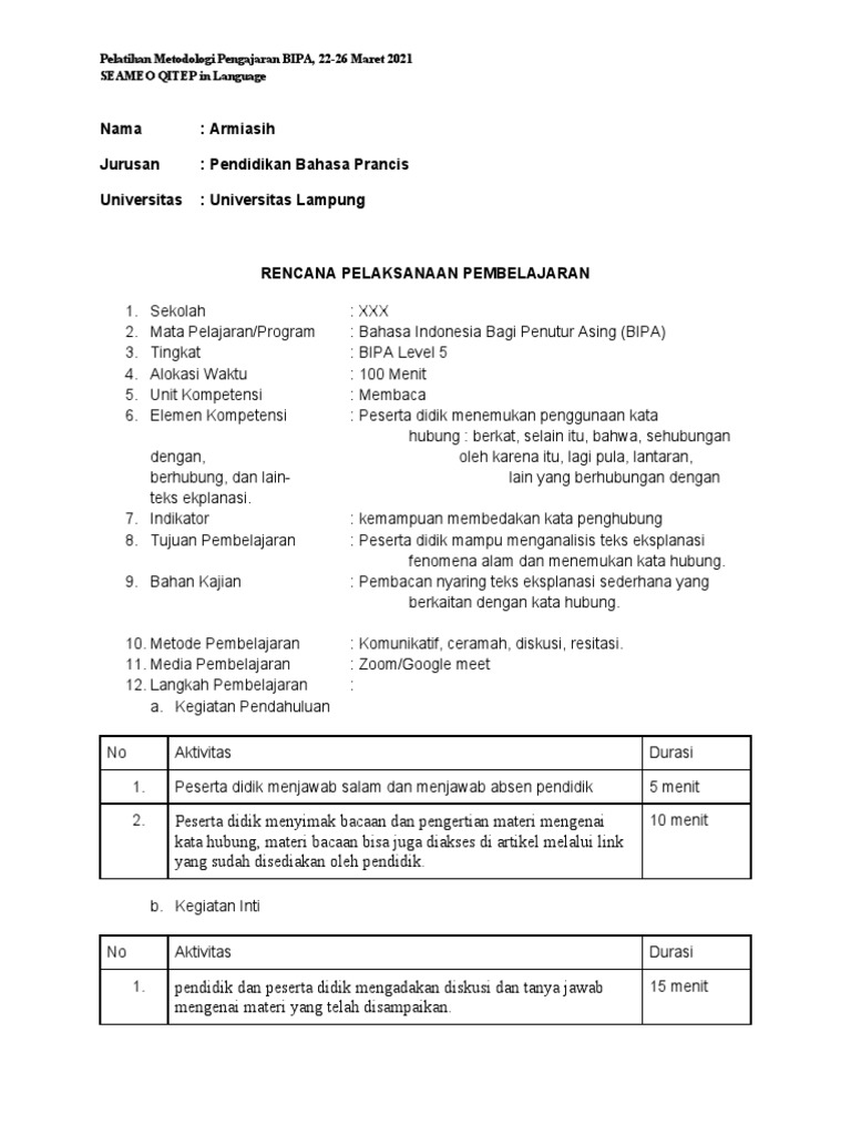 Tugas RPP - BIPA | PDF