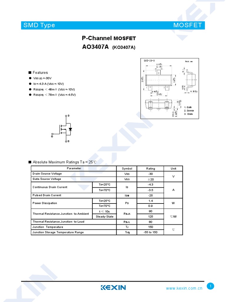 SMD Type Mosfet: P-Channel AO3407A | PDF | Field Effect Transistor | Mosfet