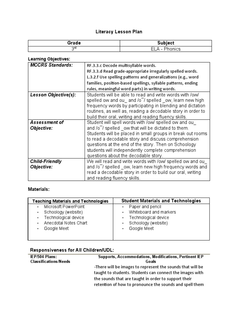 MCCRS Standards:: Literacy Lesson Plan Grade Subject | PDF | Reading ...