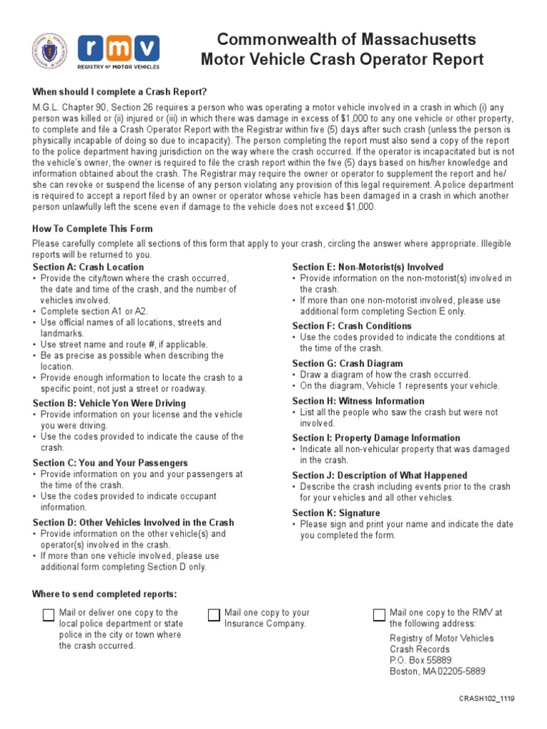 Commonwealth of Massachusetts Motor Vehicle Crash Operator Report ...