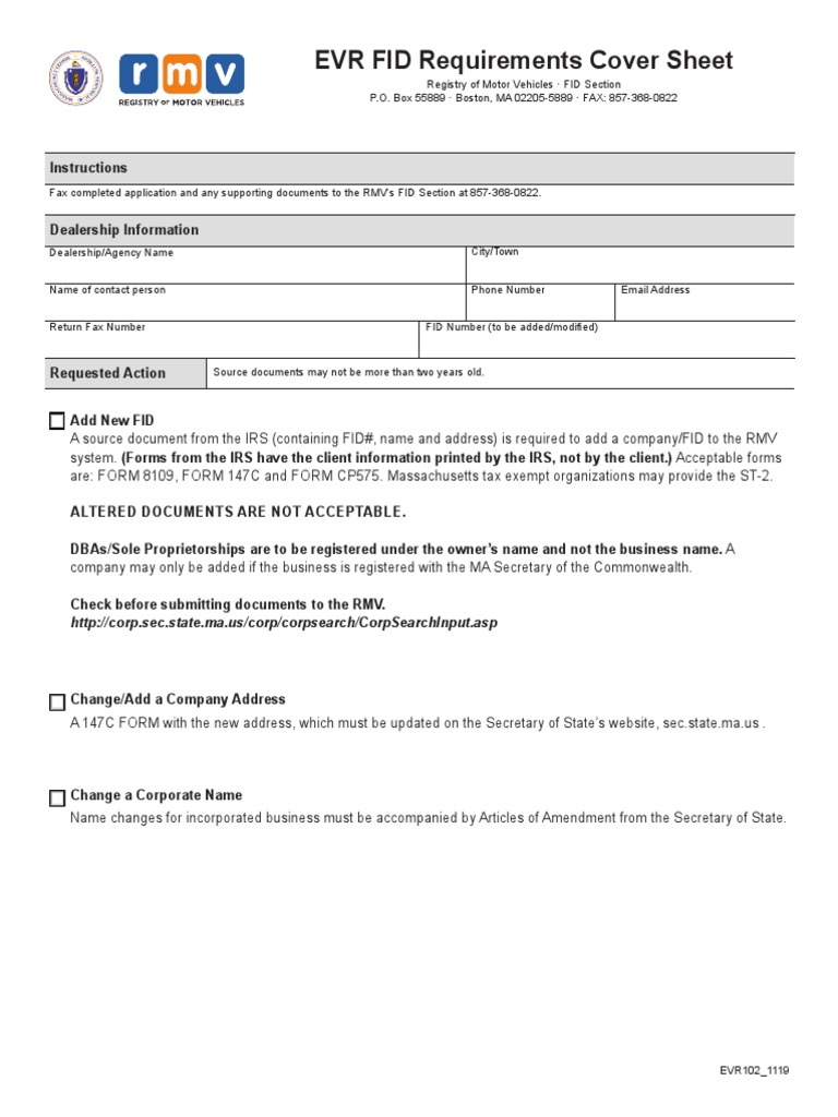 EVR102 - EVR FID Requirements Cover Sheet - Fillable | PDF