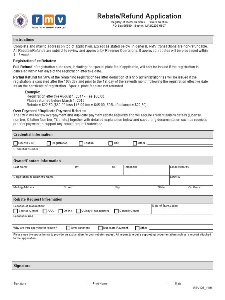 Massachusetts RMV Rebate Application Guide | PDF | Rebate (Marketing) | Fee