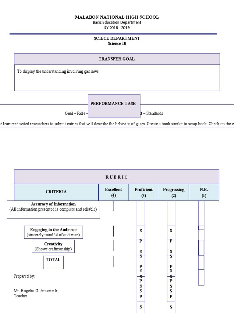 Grade 10 Science Performance Task Rubric | PDF | Education Theory | Learning