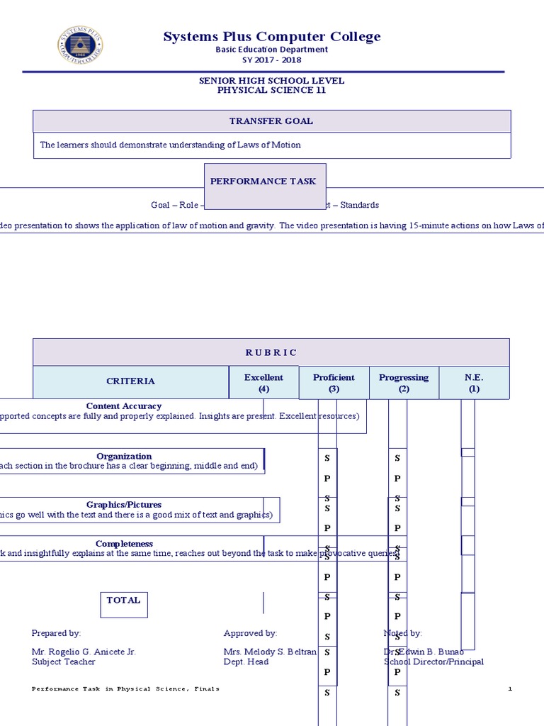SHS Physical Science Performance Task Explains Laws of Motion | PDF ...