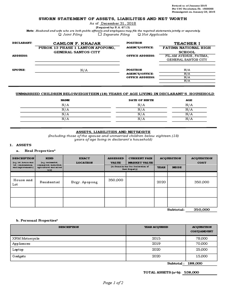 Statement of Assets Liabilities and Net Worth | PDF | Net Worth | Economies