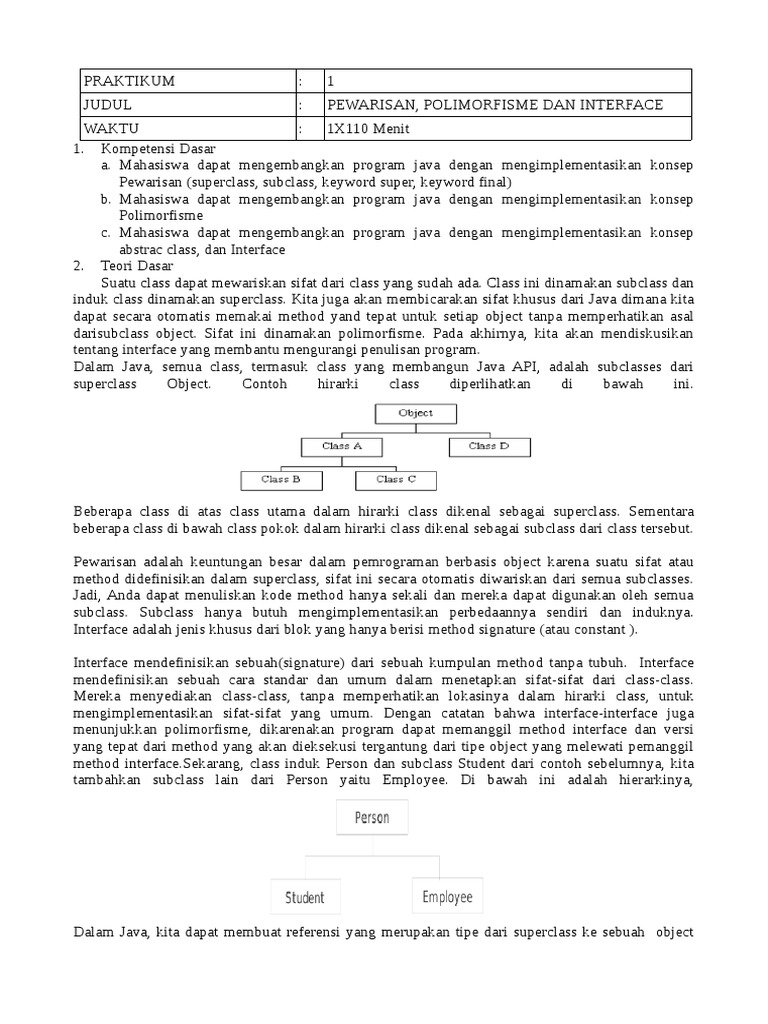 Modul 1 PEWARISAN, POLIMORFISME DAN INTERFACE | PDF