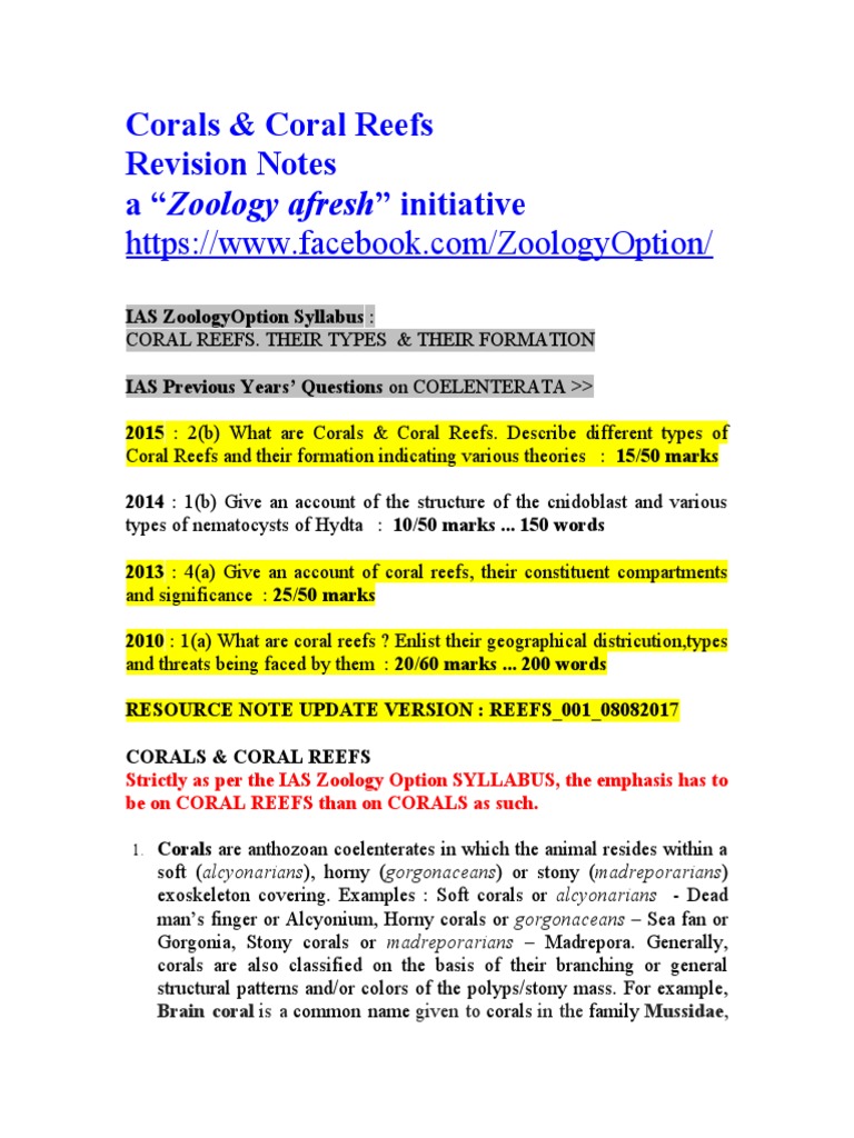 Corals & Coral Reefs Revision Notes A "Zoology Afresh" Initiative | PDF ...