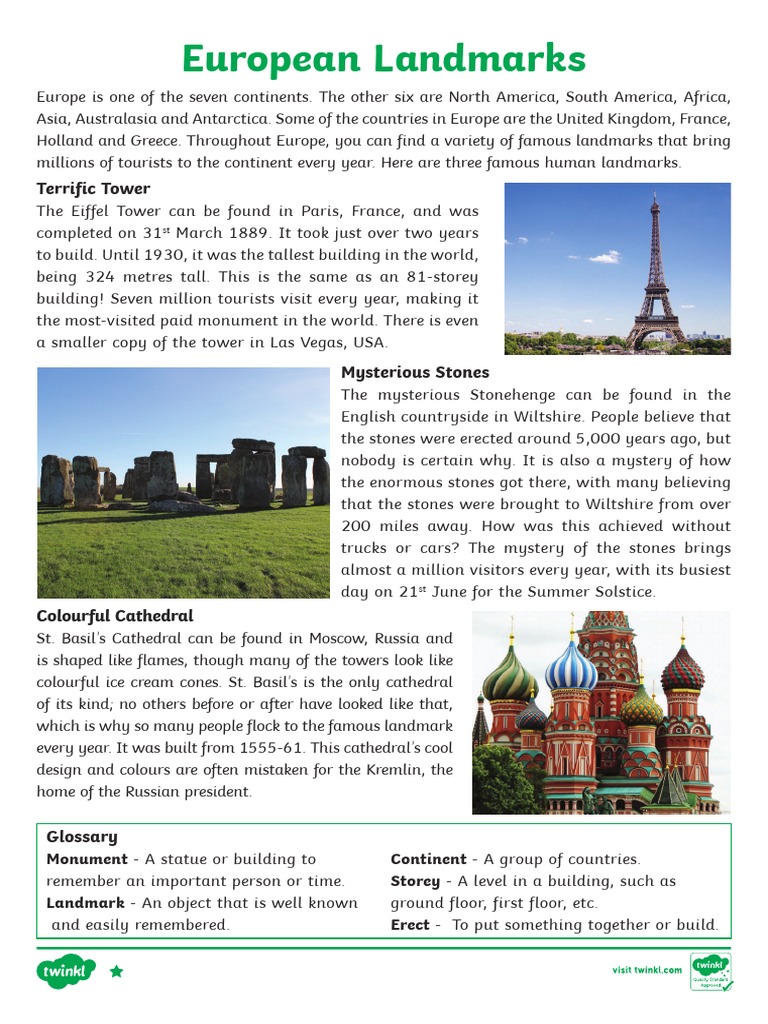 Europe Landmarks Reading Comprehension Activity - Ver - 1 | PDF ...