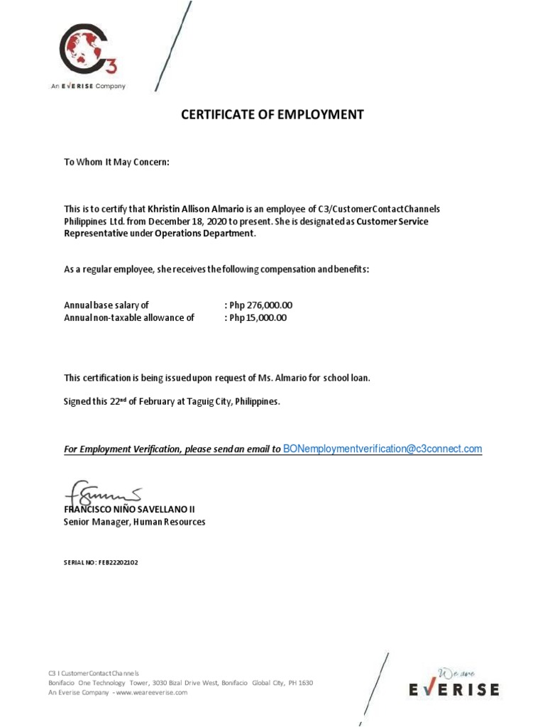Certificate of Employment: Representative Under Operations Department | PDF