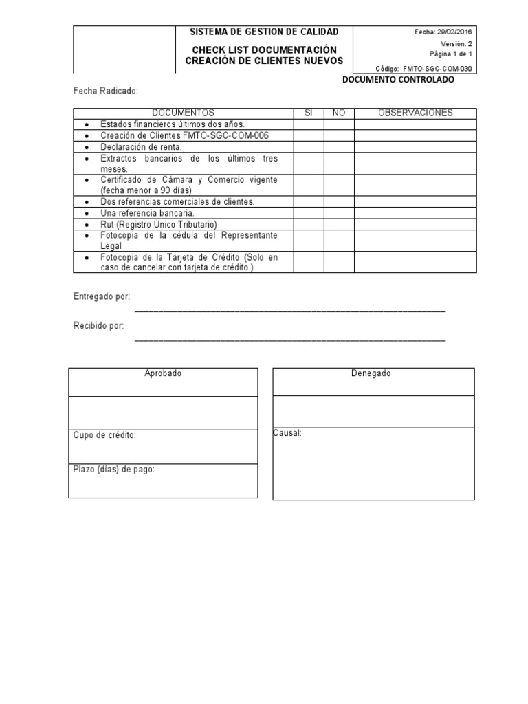 Fmto-Sgc-Com-030 Check List Documentación Creación de Clientes Nuevos | PDF