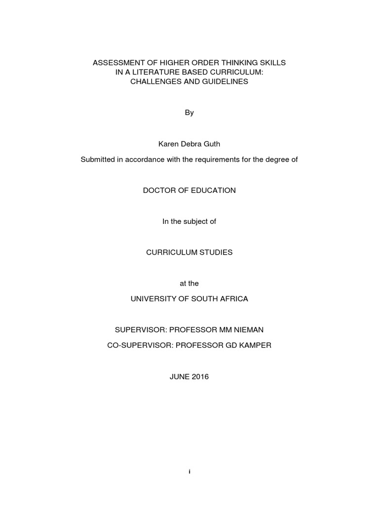 Assessment of Higher Order Thinking Skills in A Literature Based ...