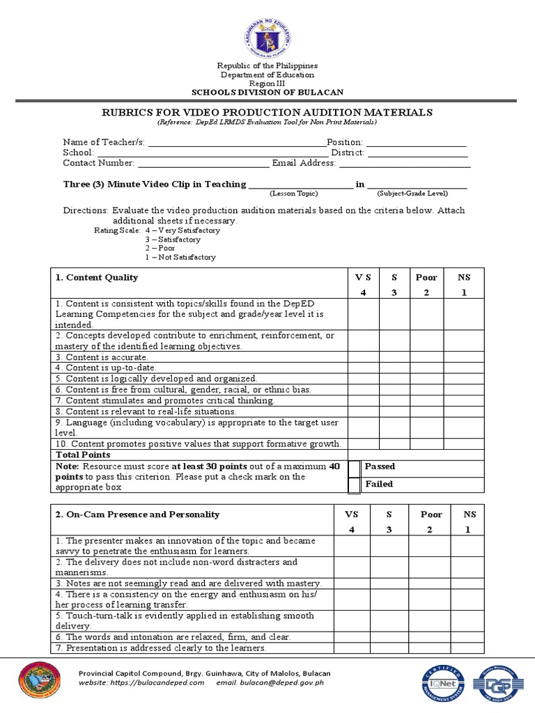 Rubrics Video Production Audition Materials | PDF | Rubric (Academic ...