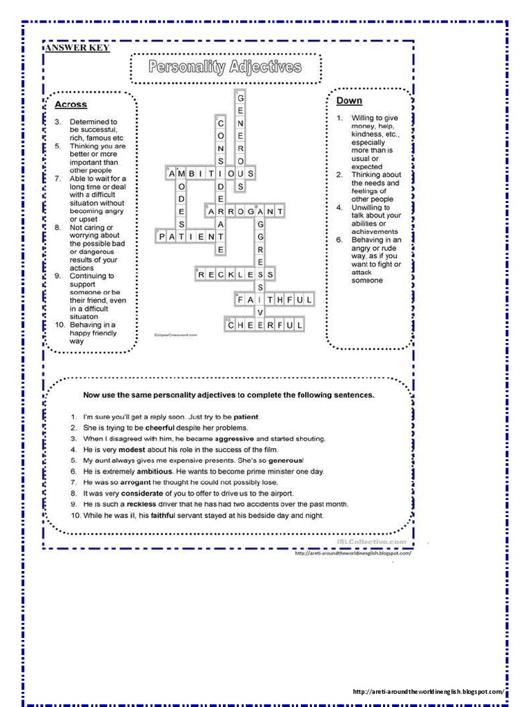 Personality Adjectives Crossword | PDF