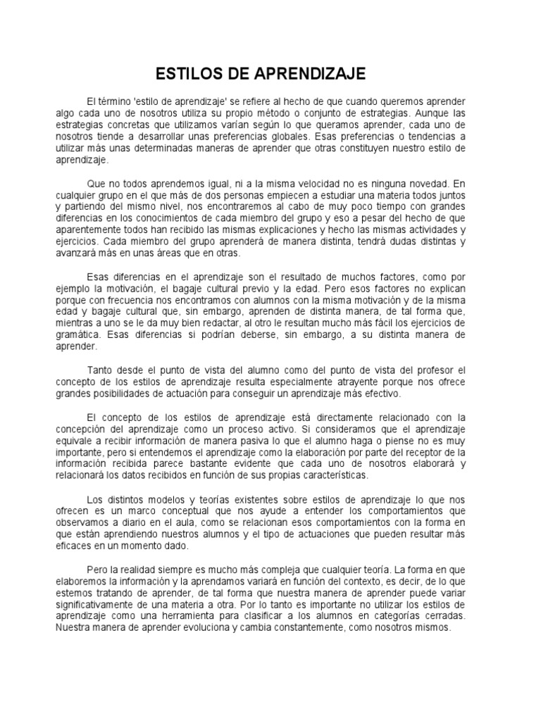 01 Estilos de Aprendizaje Resumen Completo | PDF | Inteligencia ...