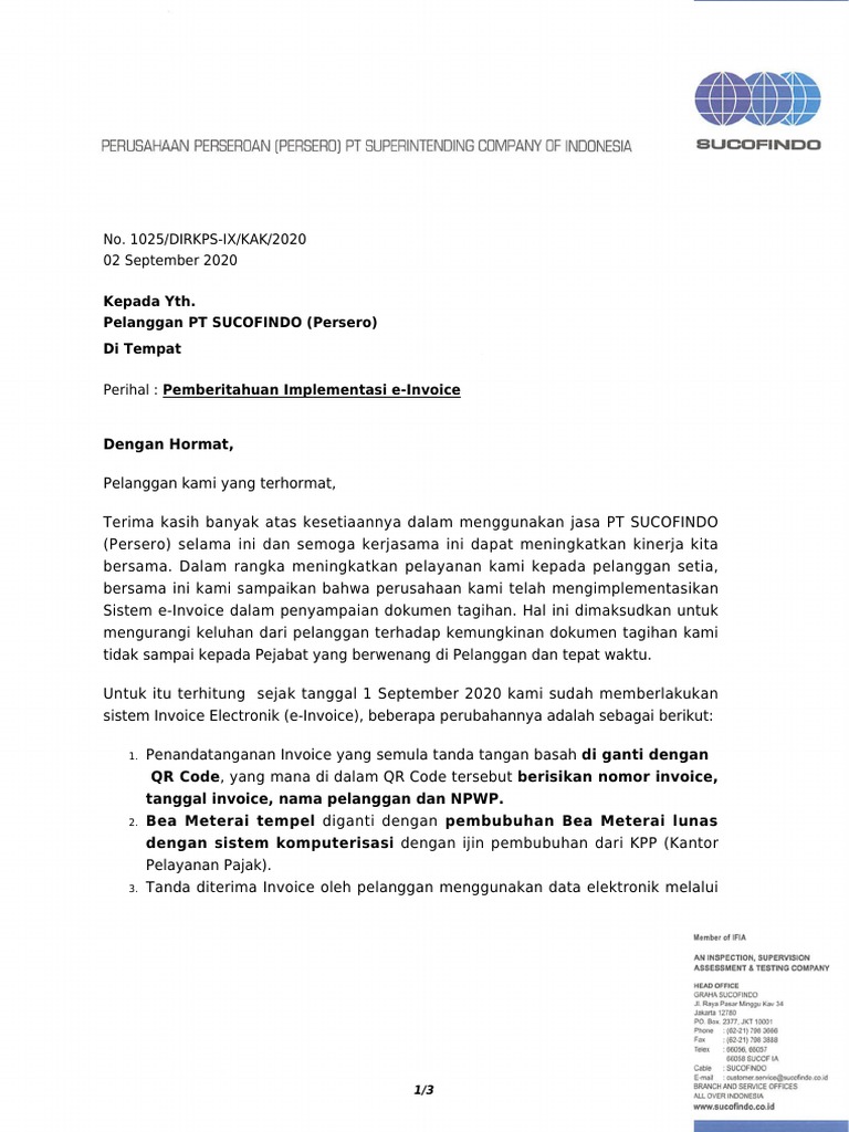 Surat Pemberitahuan Implementasi E-Invoice Ke Pelanggan | PDF