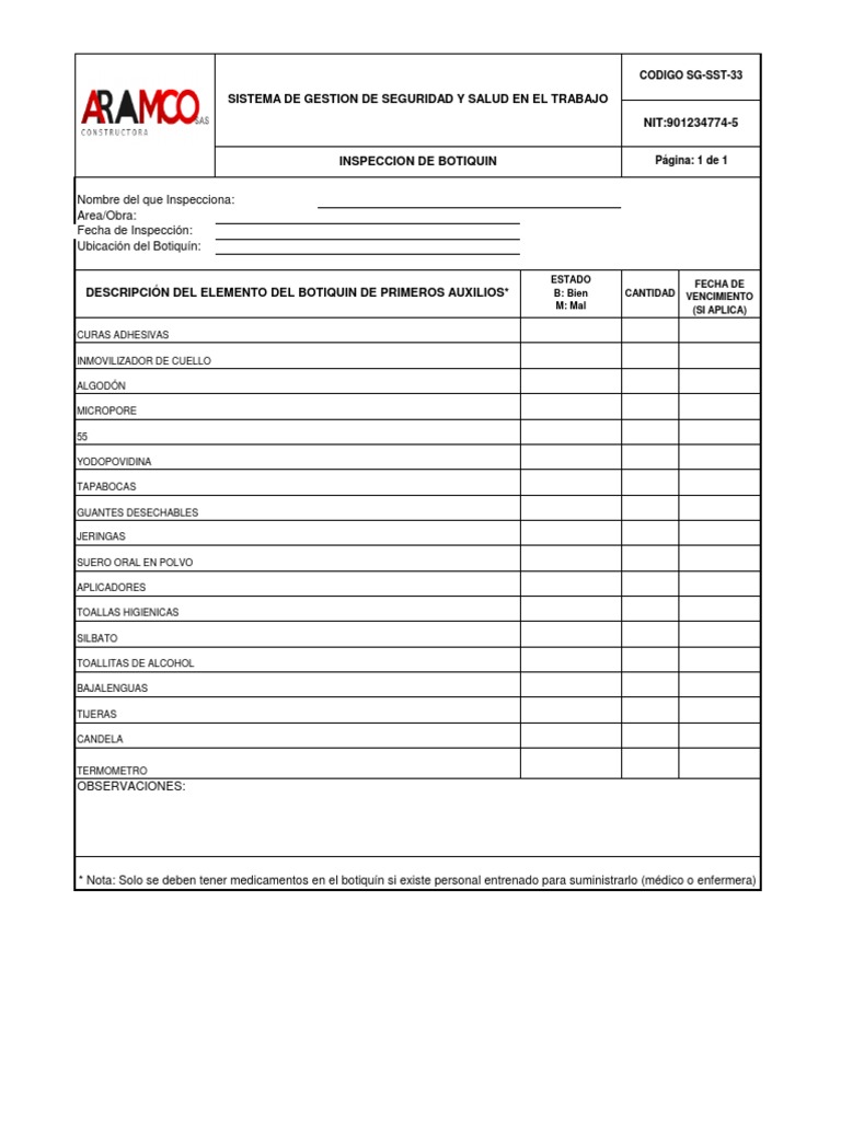 Formato Inspeccion de Botiquin | PDF Formato Inspeccion de Botiquin | PDF