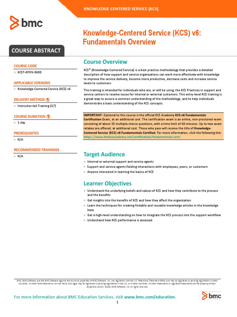 Knowledge-Centered Service (KCS) v6: Fundamentals Overview: Course Abstract | PDF | Learning ...