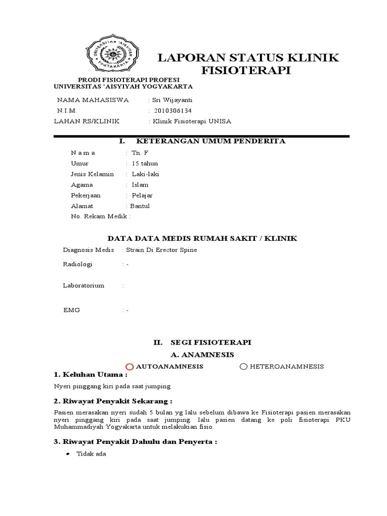 Status Klinis Fisioterapi Strain Di Erector Spine | PDF