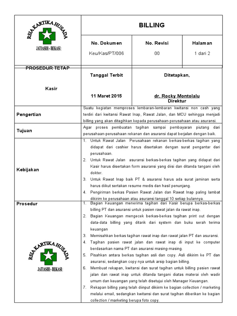 Sop Keu Kasir 006 Billing | PDF