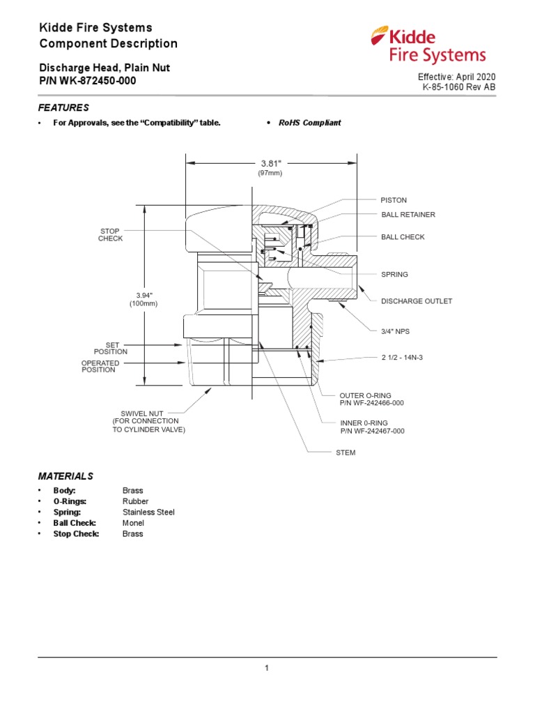 Kidde Fire Systems Component Description: Discharge Head, Plain Nut P/N ...