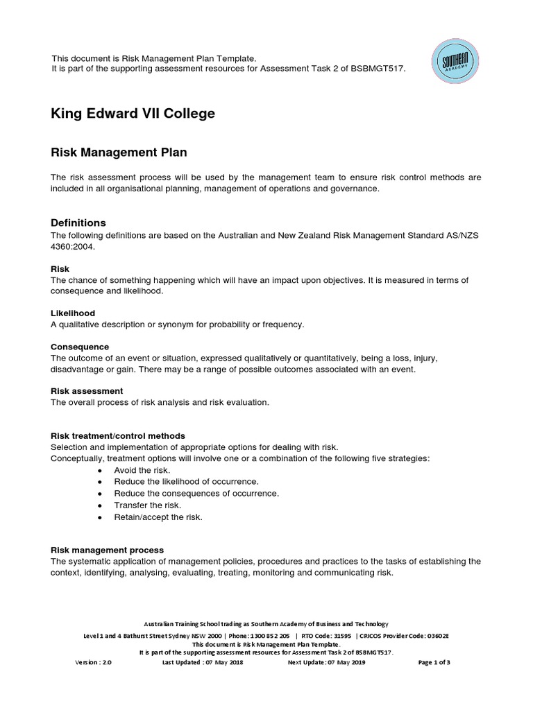 Risk Management Plan Template - BSBMGT517 - Manage Operational Plan ...