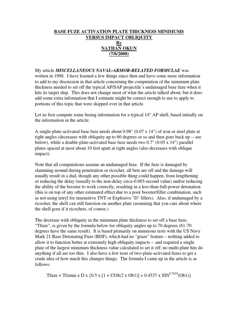 Base Fuze Activation Plate Thickness Minimums Versus Impact Obliquity ...
