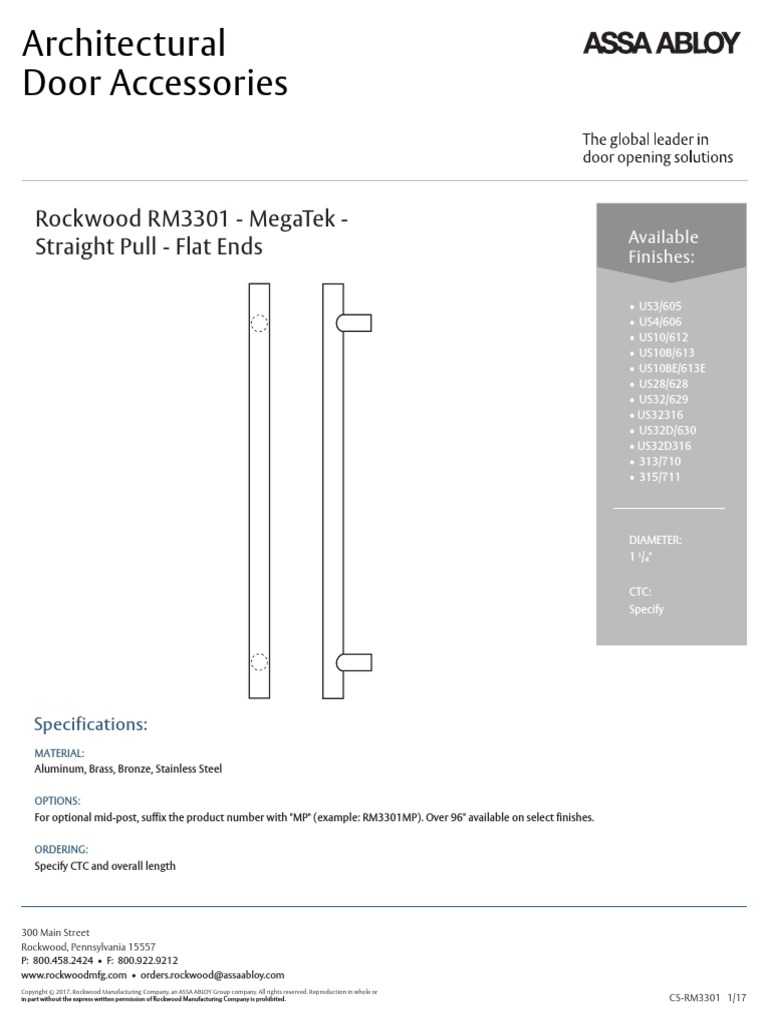 ASSA ABLOY Rockwood RM3301 - MegaTek - Straight Pull - Flat Ends Cut ...