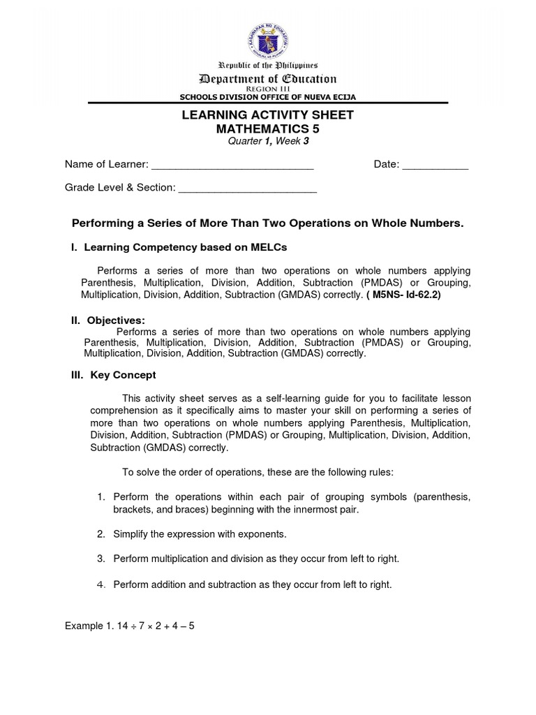 Math 5 Las Week 3 | PDF | Bracket | Multiplication