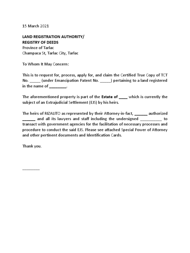 Authorization Letter for Land Title CTC | PDF | Finance & Money ...