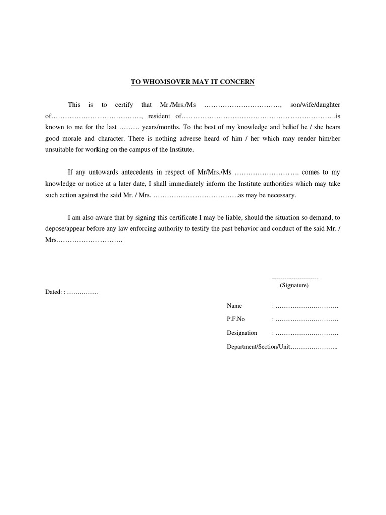 Proforma For Character Certificate From IITK Employees | PDF