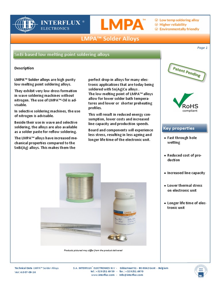 Lmpa™ Solder Alloys: Snbi Based Low Melting Point Soldering Alloys ...