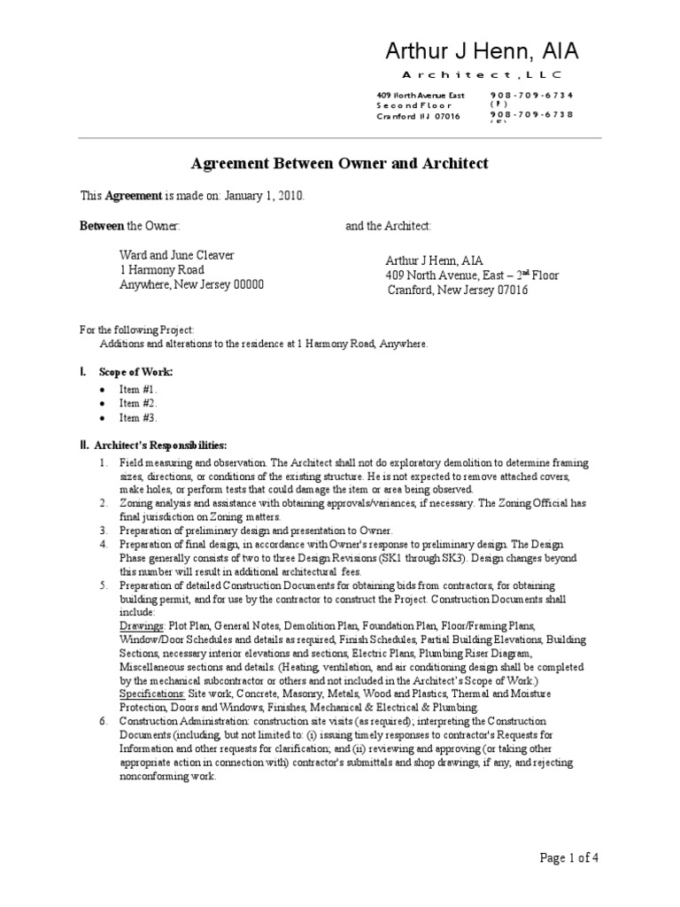 Arthur J Henn, AIA: Agreement Between Owner and Architect | PDF ...