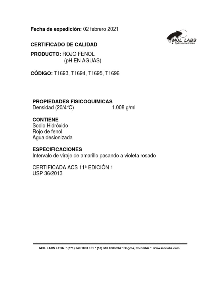 Certificado de Calidad: Rojo de Fenol | PDF