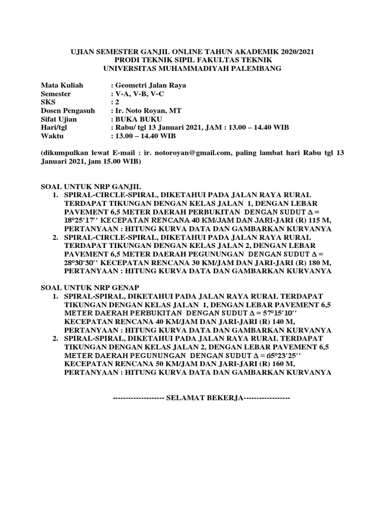 Soal Ujian Akhir Semester Geometri JR & Dasar Rekayasa Transportasi ...