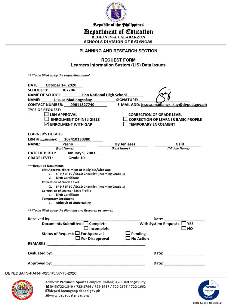Request for Learner Data Corrections and Approvals in the Learners ...