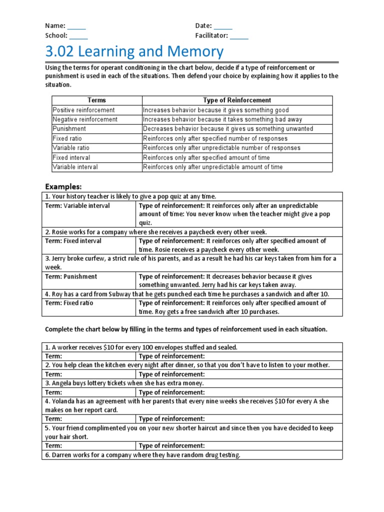 3.02 Learning and Memory: Examples | PDF | Reinforcement | Behaviorism