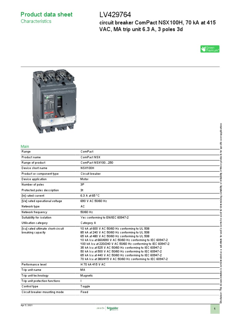 Product Data Sheet: Circuit Breaker Compact Nsx100H, 70 Ka at 415 Vac ...