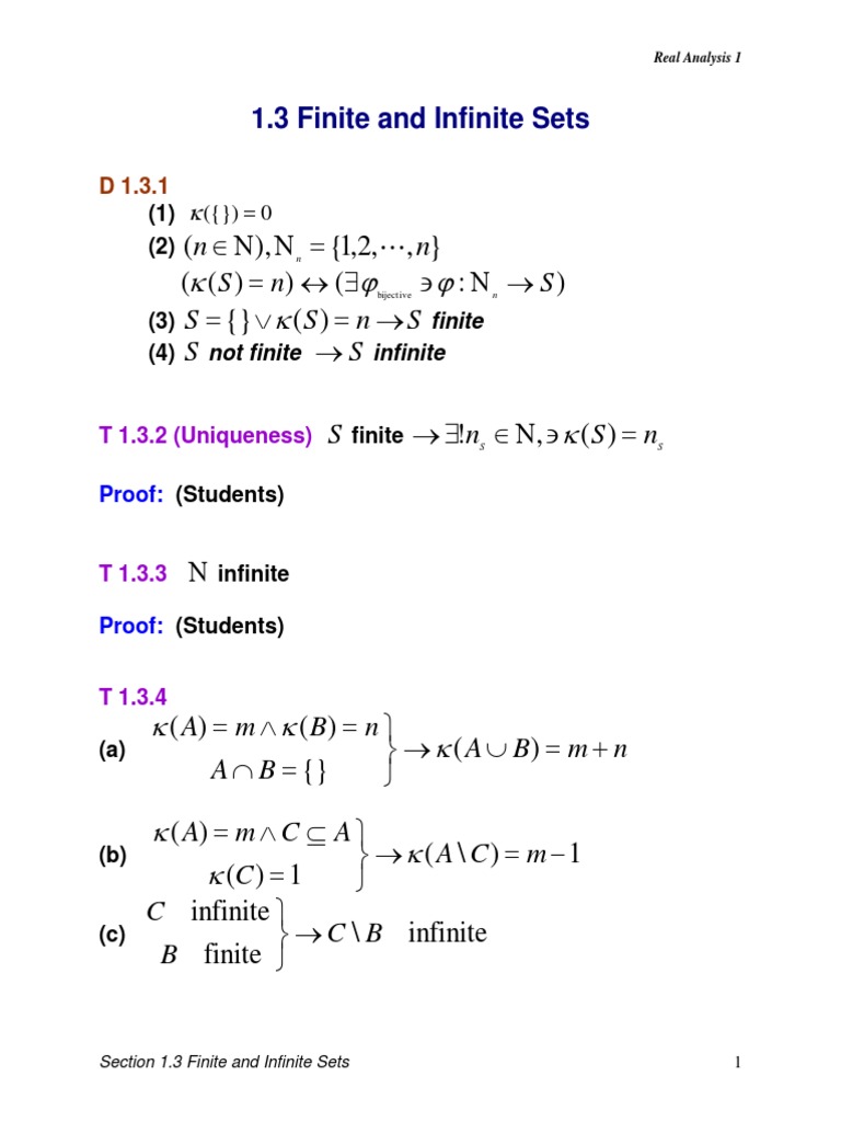 N N N S S S S S: 1.3 Finite and Infinite Sets | PDF | Mathematical Logic | Mathematical Concepts