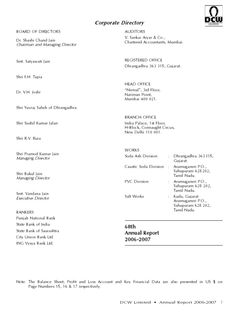 DCW Ltd. - Annual Report - 2006-2007 | PDF | Board Of Directors | Dividend