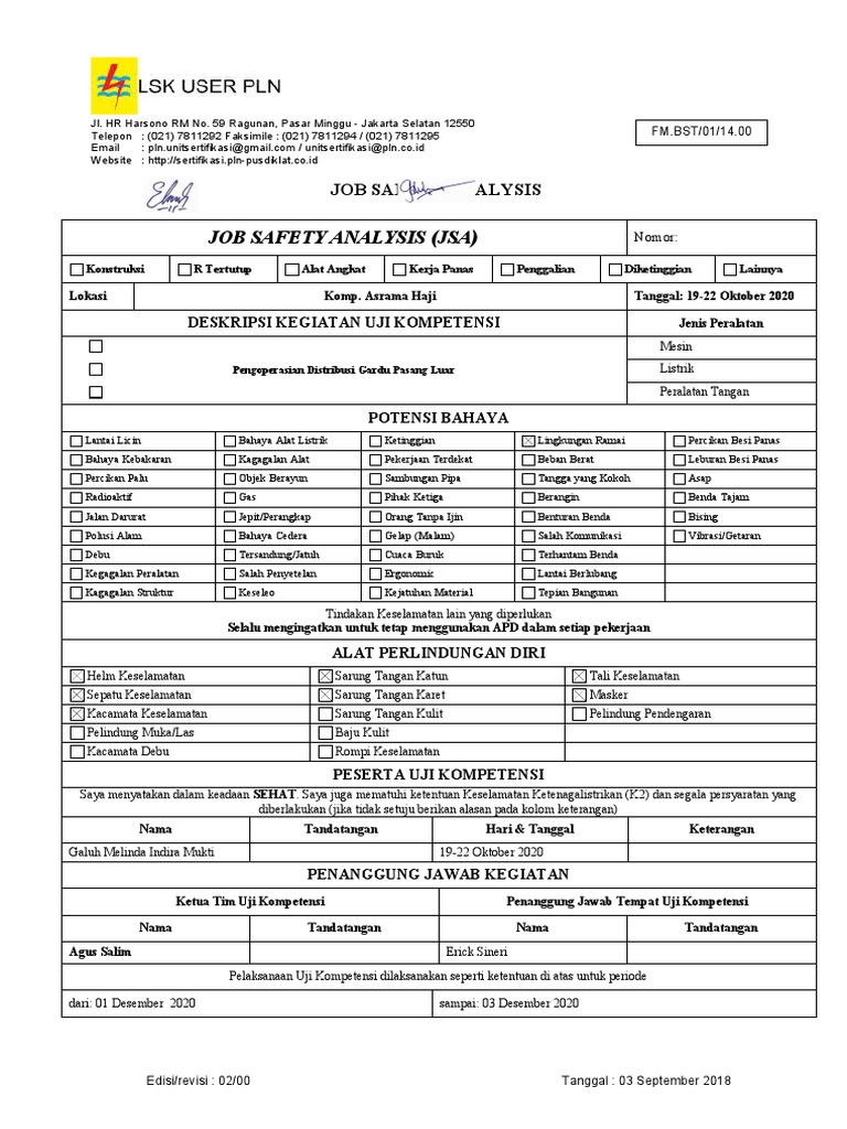 Contoh Job Safety Analysis Konstruksi | PDF