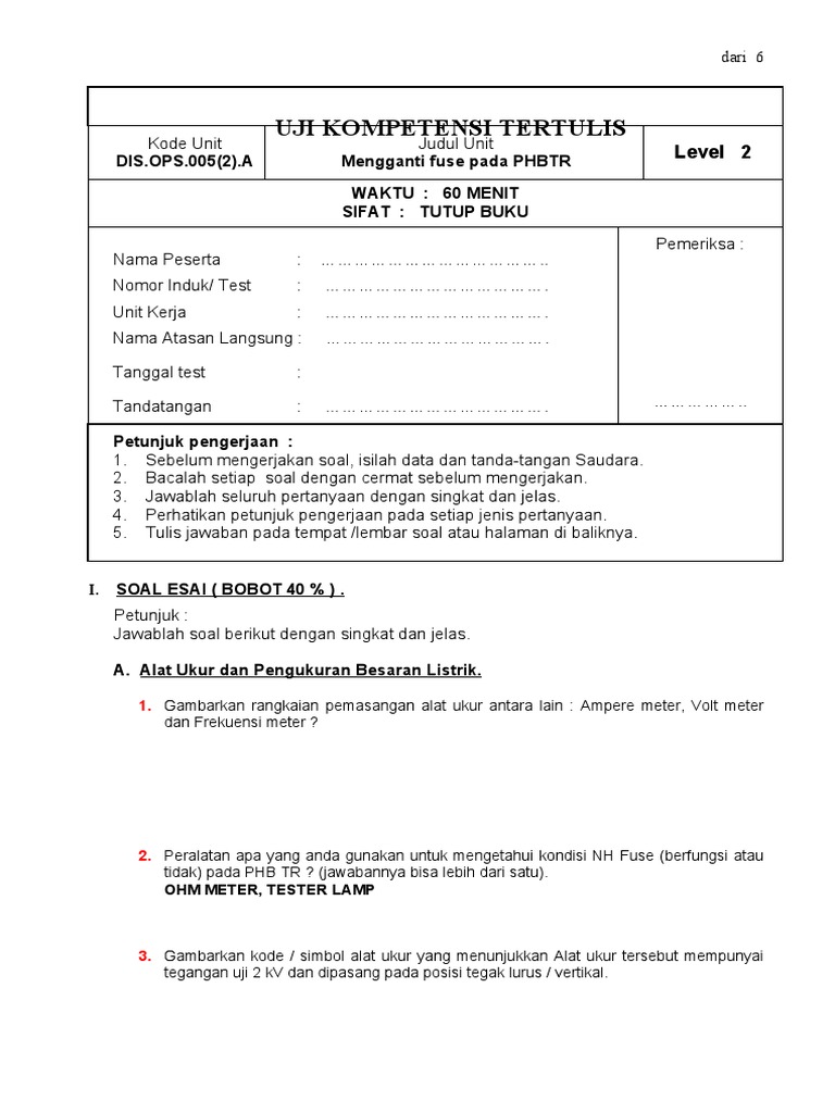 Soal Mengganti Fuse Pada PHBTR Jawaban (Ops - 005) | PDF | Sains ...