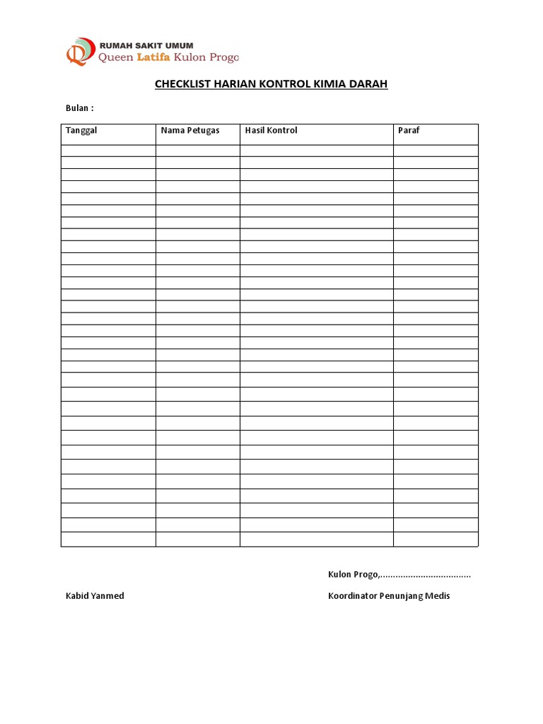 Checklist Harian Kontrol Kimia Darah | PDF