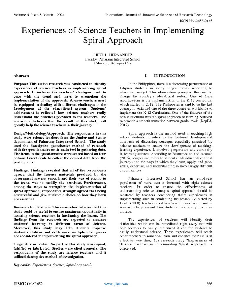 Experiences of Science Teachers in Implementing Spiral Approach | PDF ...