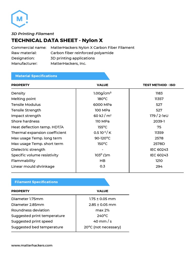 Technical Data Sheet - Nylon X: 3D Printing Filament | PDF